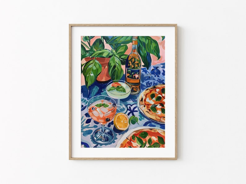 Neapolitan Pizza and Cocktails Print | Italian Kitchen Dinner Painting ...