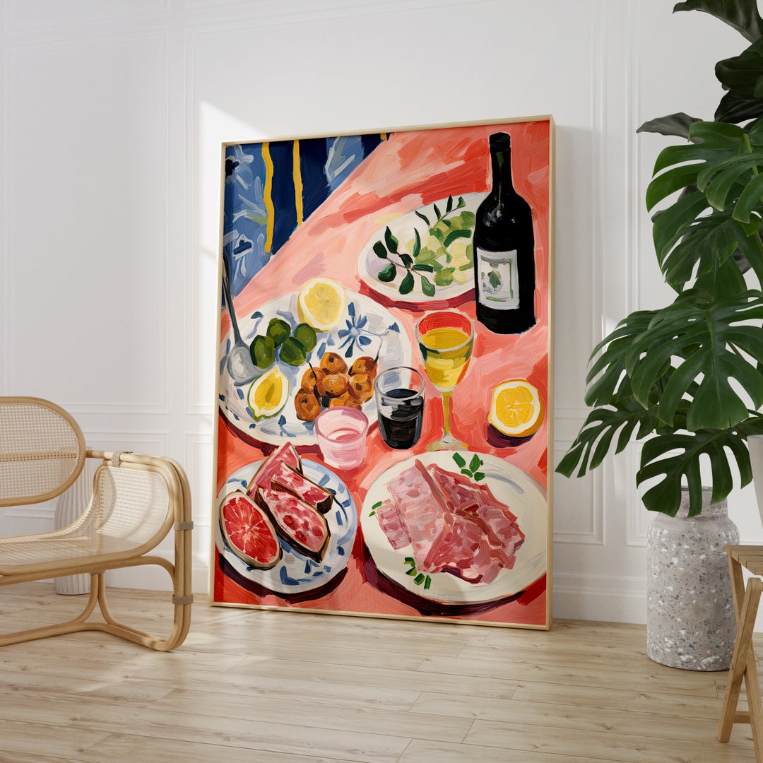 Tapas Plate Print | Modern Kitchen Food Painting | Food and Drink Wall Printable Art | Vibrant ...