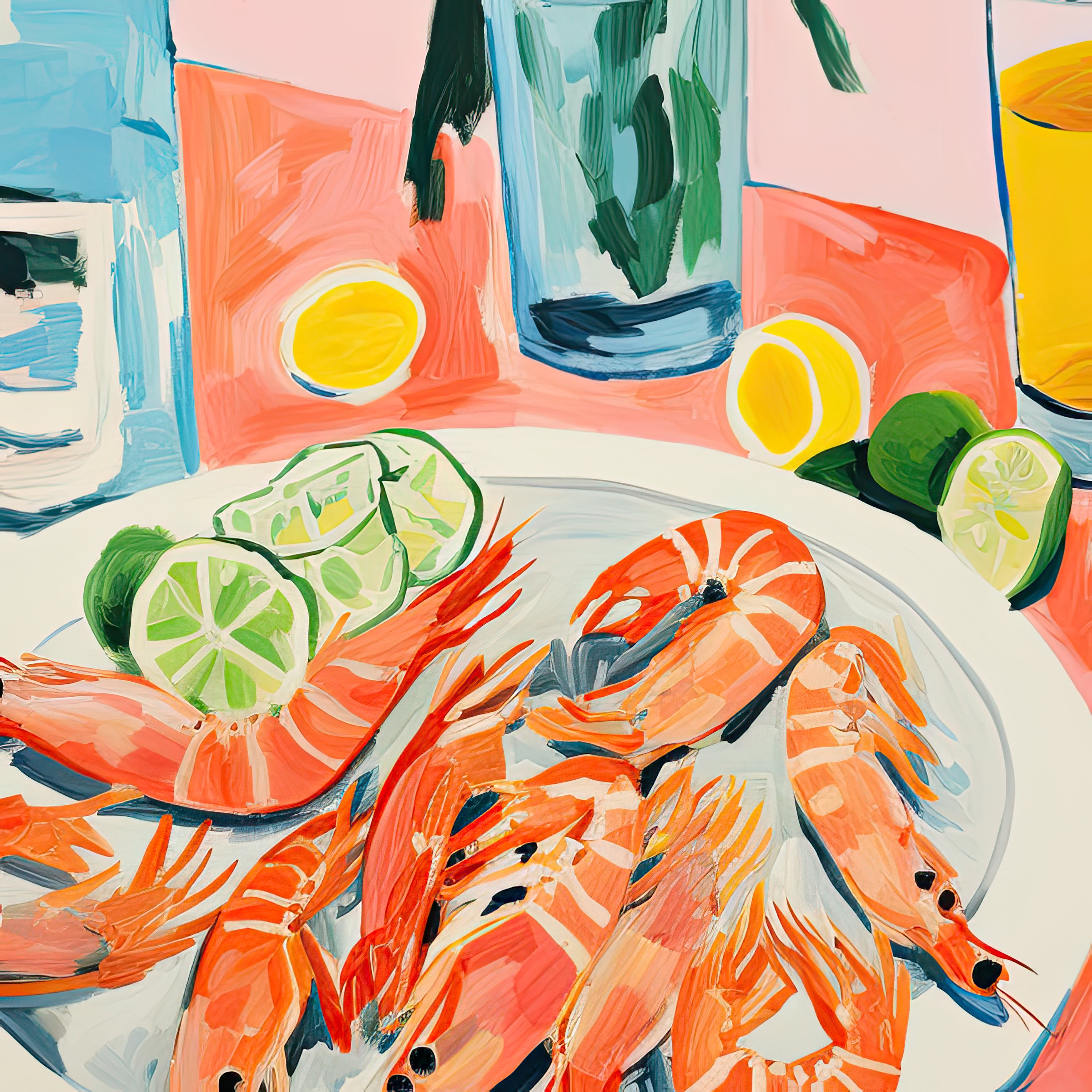 Shrimp Plate Print | Modern Sea Food Painting | Colorful Poster Print ...