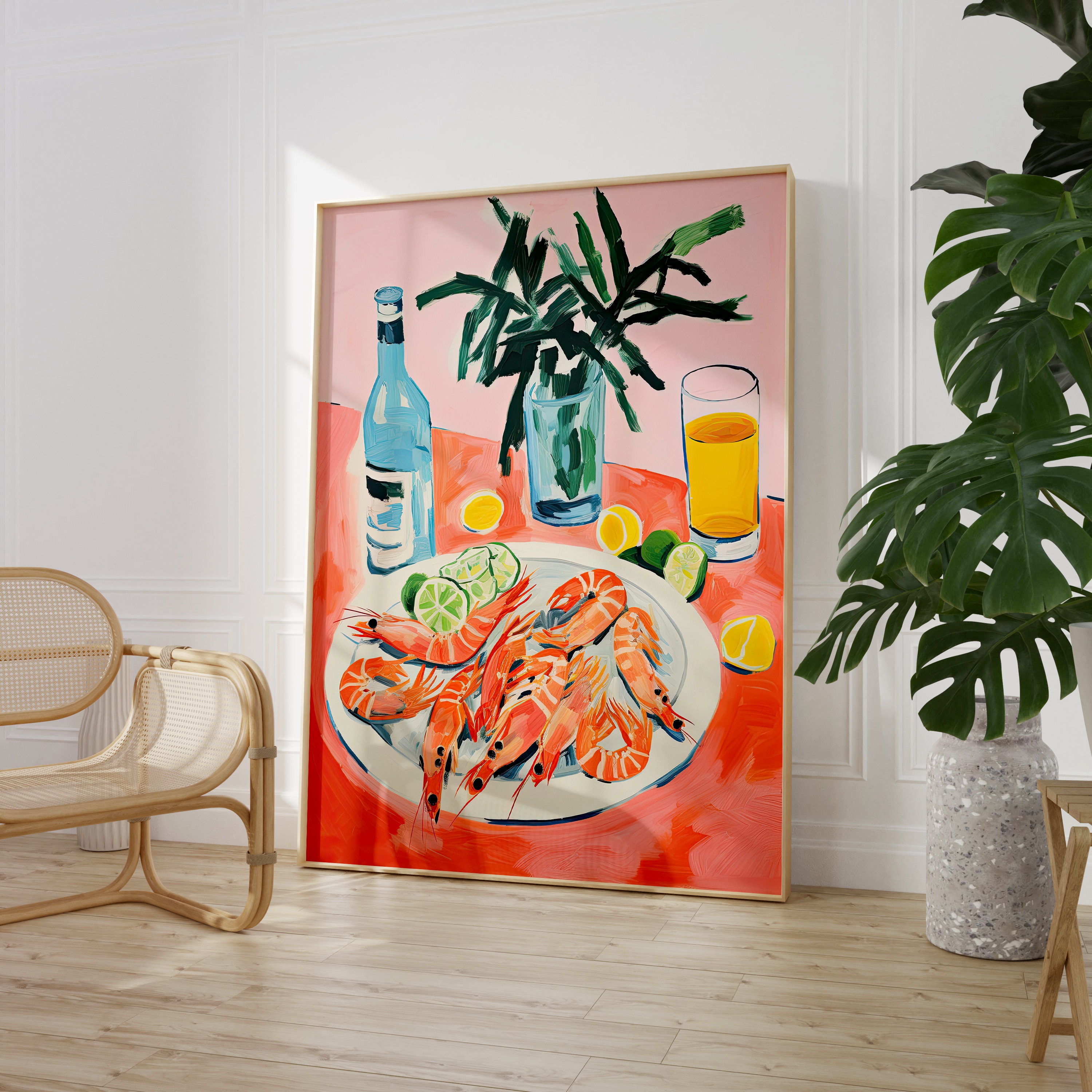 Shrimp Plate Print | Modern Sea Food Painting | Colorful Poster Print ...