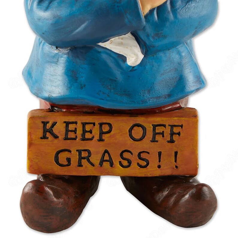 Garden Gnome Holding KEEP OFF GRASS Sign 10h, Grumpy Gnome Figurine ...