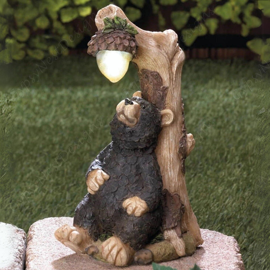 Solar Lighted Black Bear Garden Statue Figurine Outdoor Yard Decor ...