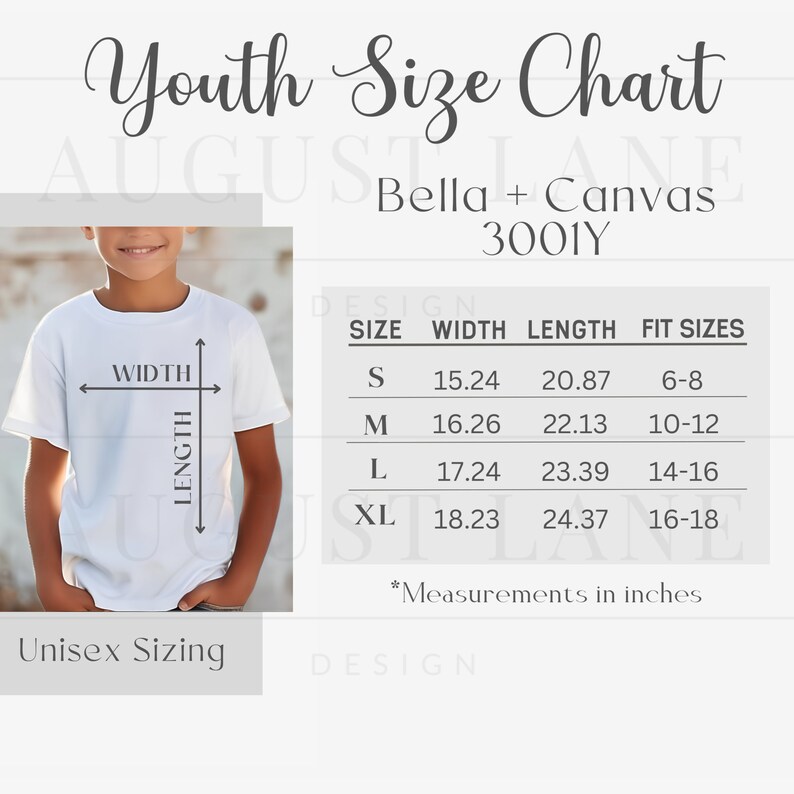 Bella Canvas 3001Y Size Chart, Bella and Canvas 3001Y Size Chart Mockup ...