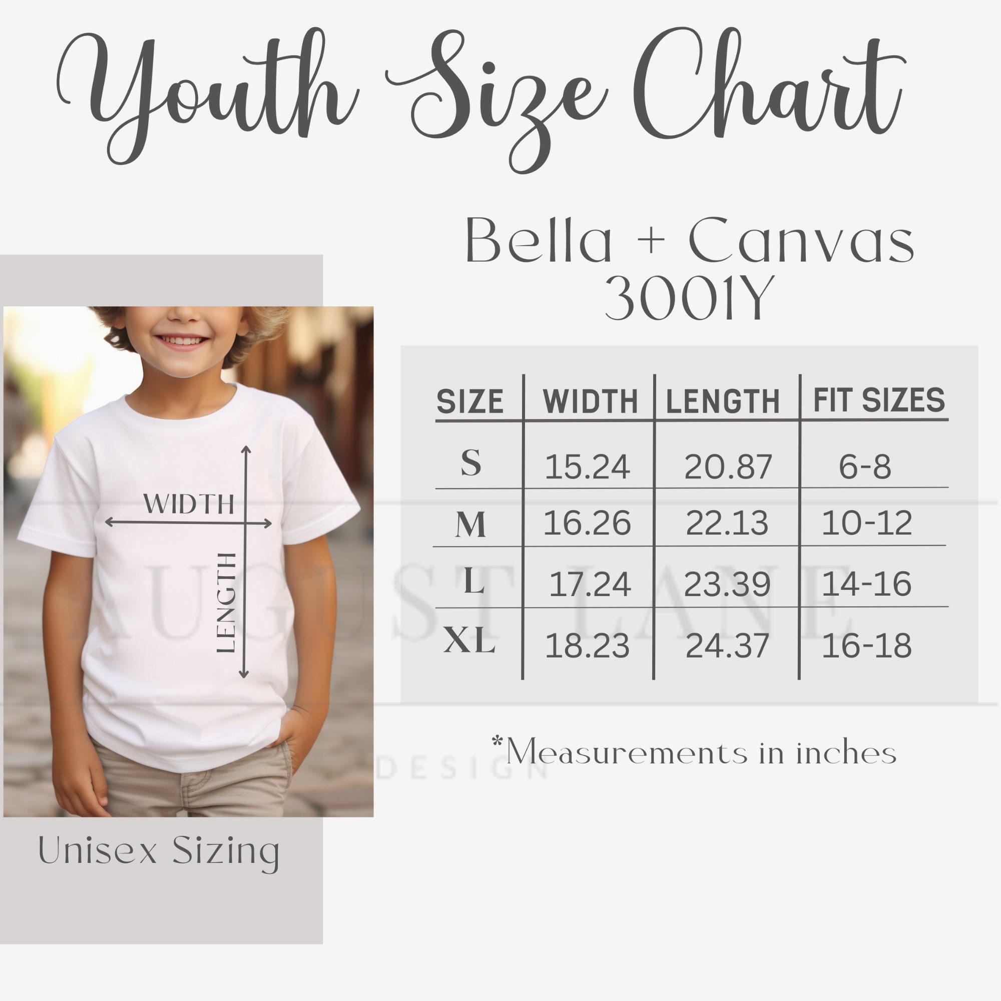 Bella Canvas 3001Y Size Chart, Bella and Canvas 3001Y Size Chart Mockup, Kids Size Chart Mockups ...