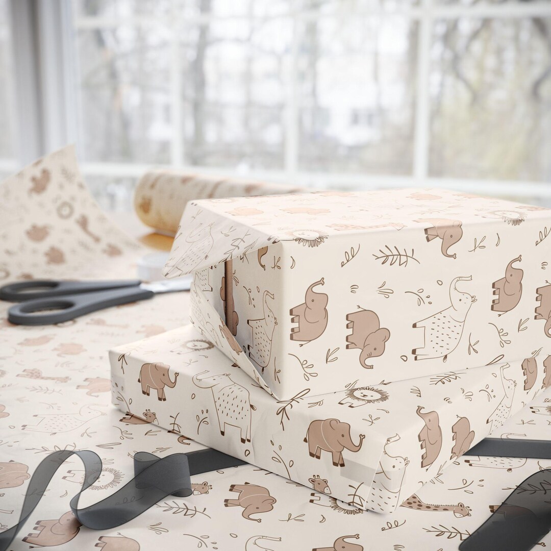 Neutral Safari Animal Wrapping Paper Baby Shower Gift Wrap With ...