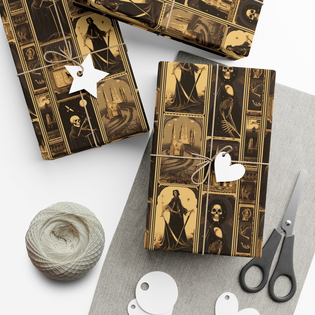 Spooky Skeleton and Skull Wrapping Paper Black & Gold - Etsy