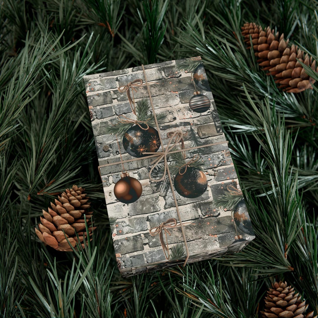 Industrial Christmas Wrapping Paper Rustic Brick and Copper Ornament ...