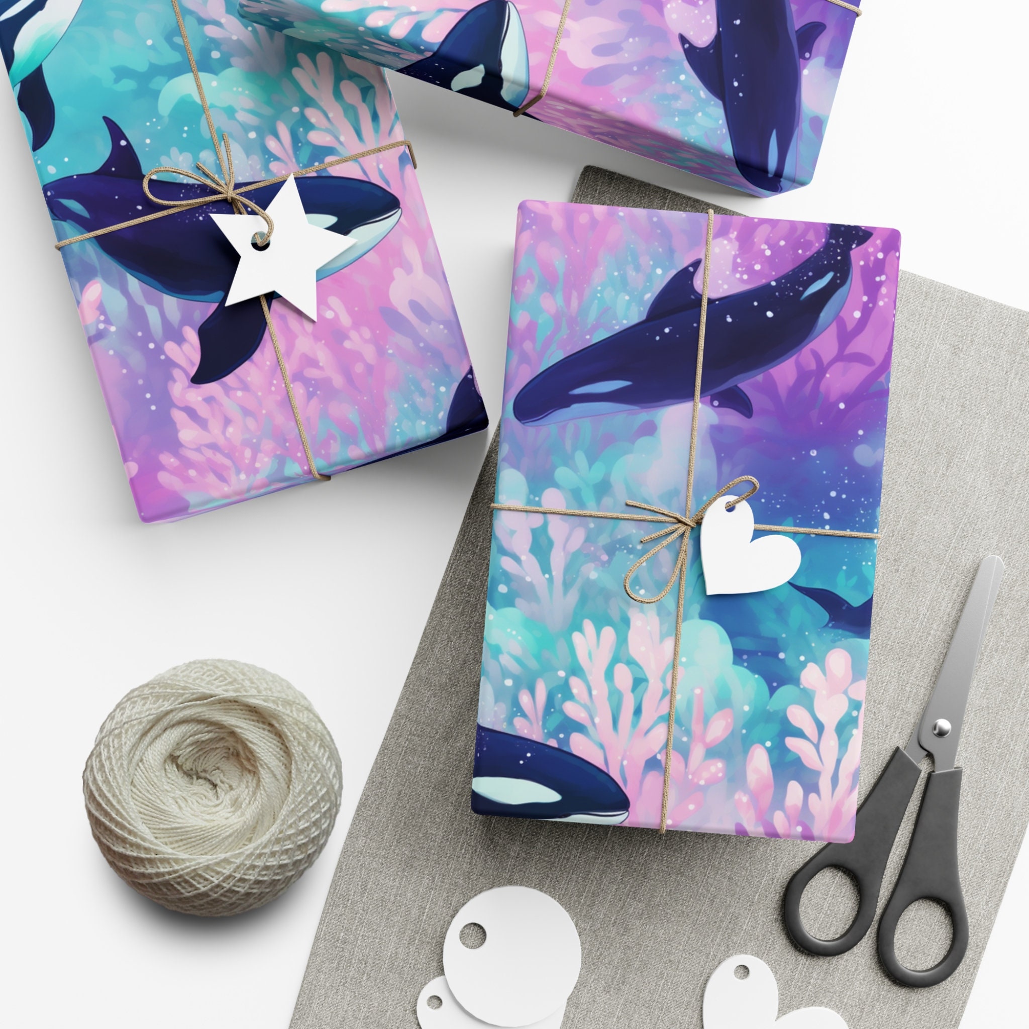 Whimsical Orca Whale Ocean Seamless Pattern Wrapping Paper, Inspired by ...