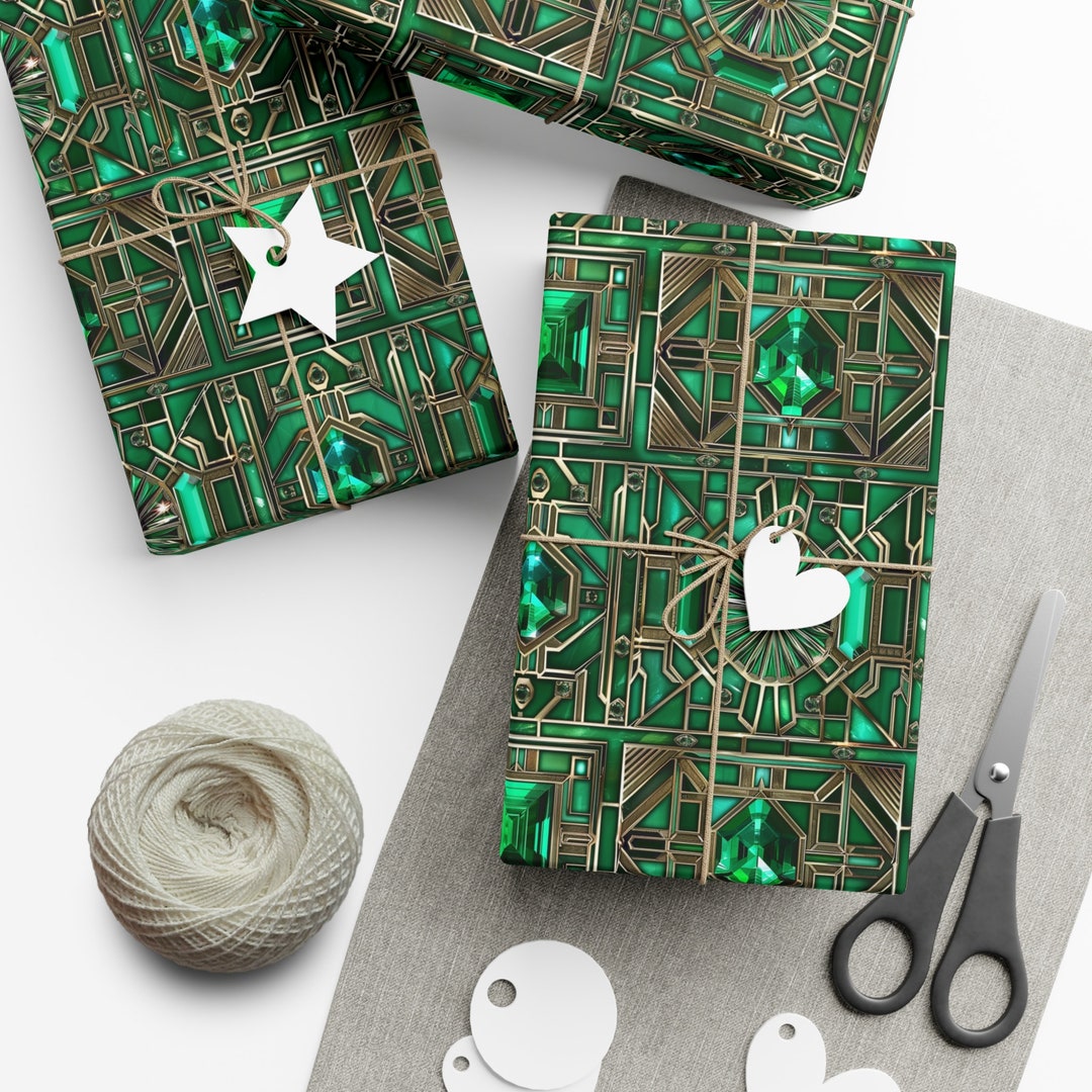 May Emerald Art Deco Birthday Wrapping Paper, Lush Green Geometric ...