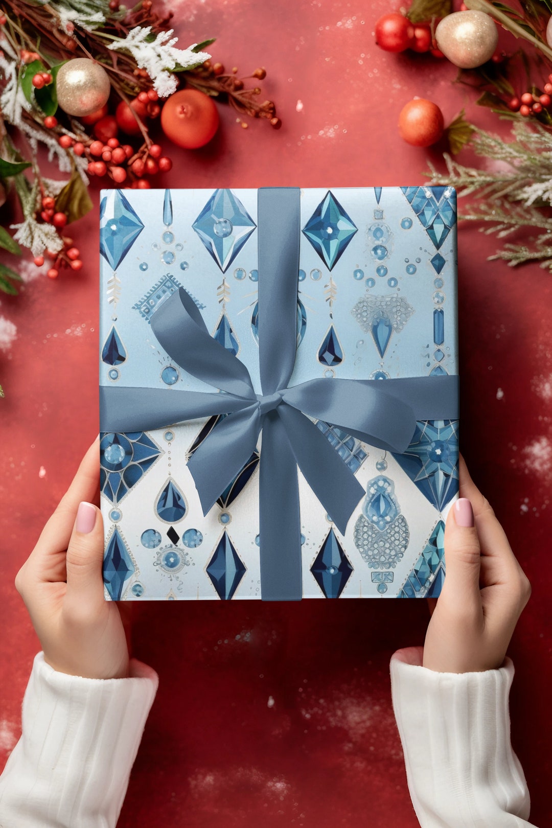 Blue Sapphire Gem Garland Winter Gift Wrapping Paper Shimmering Elegant ...