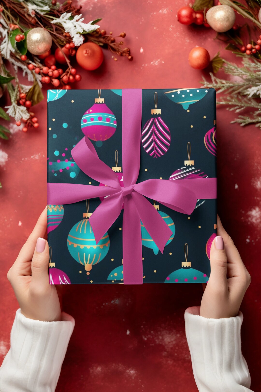 Christmas Pink and Teal Bauble Design Winter Wrapping Paper Vibrant ...