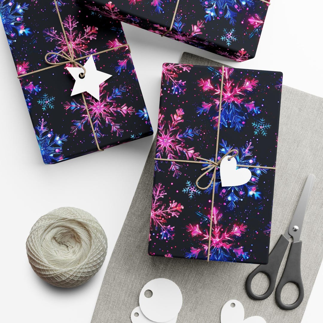 Neon Snowflake Christmas Wrapping Paper - Electric Blue and Pink Winter ...