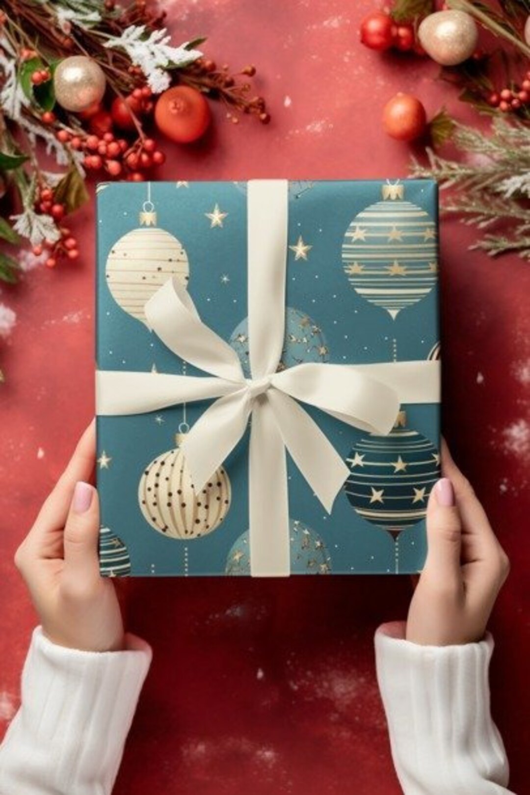 Cream With Teal-ish Bauble Design Winter Gift Wrapping Paper - Etsy