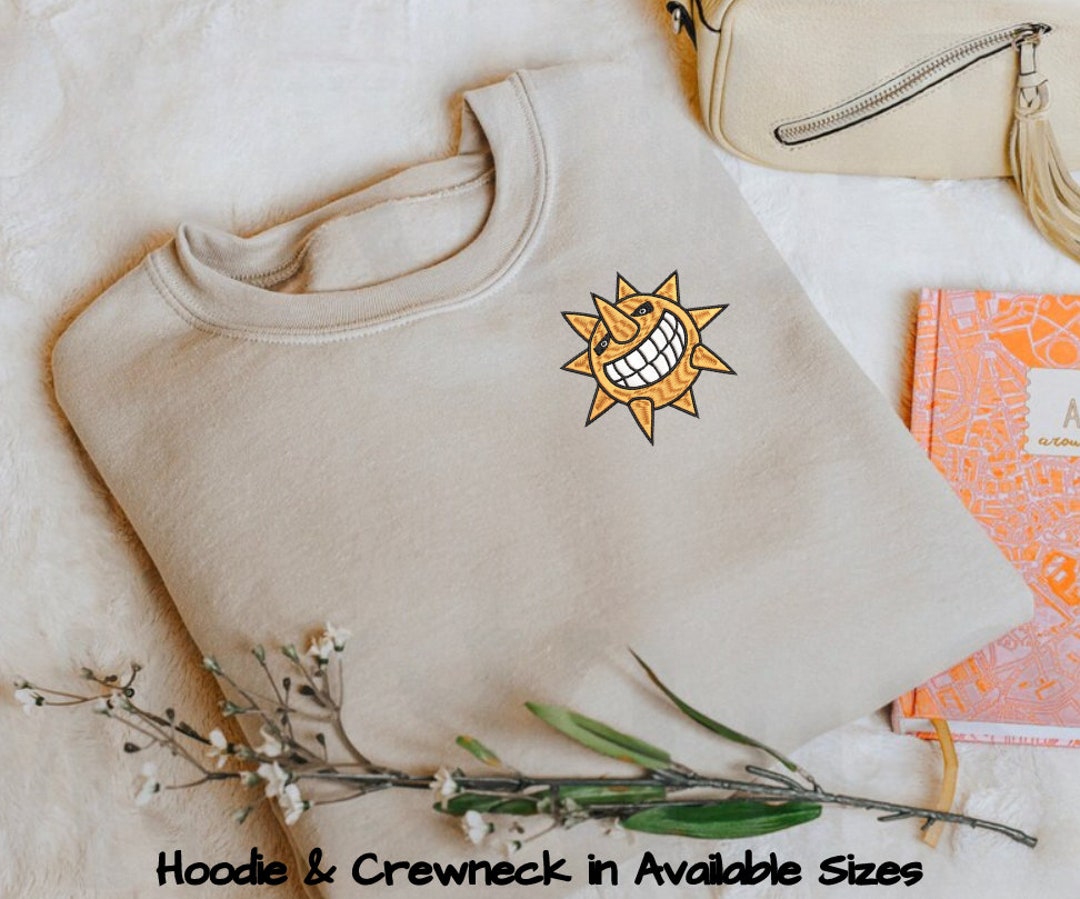 Embroidered Laughing Sun Face Grin Hoodie & Crewneck, Heavy Cotton ...