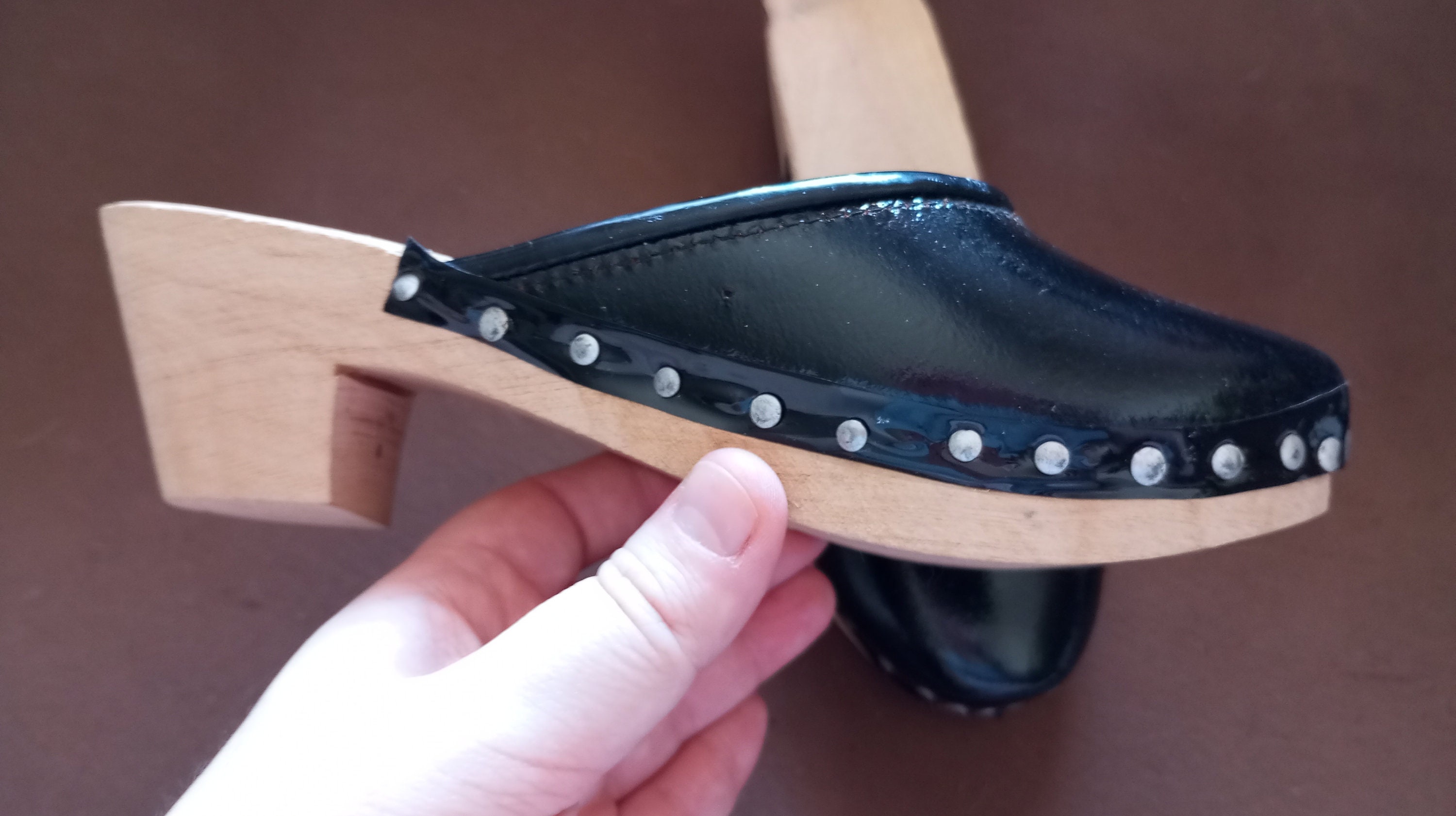 Portuguese Folclore Clogs Wood Patent Black Leather Tradicional Minho ...