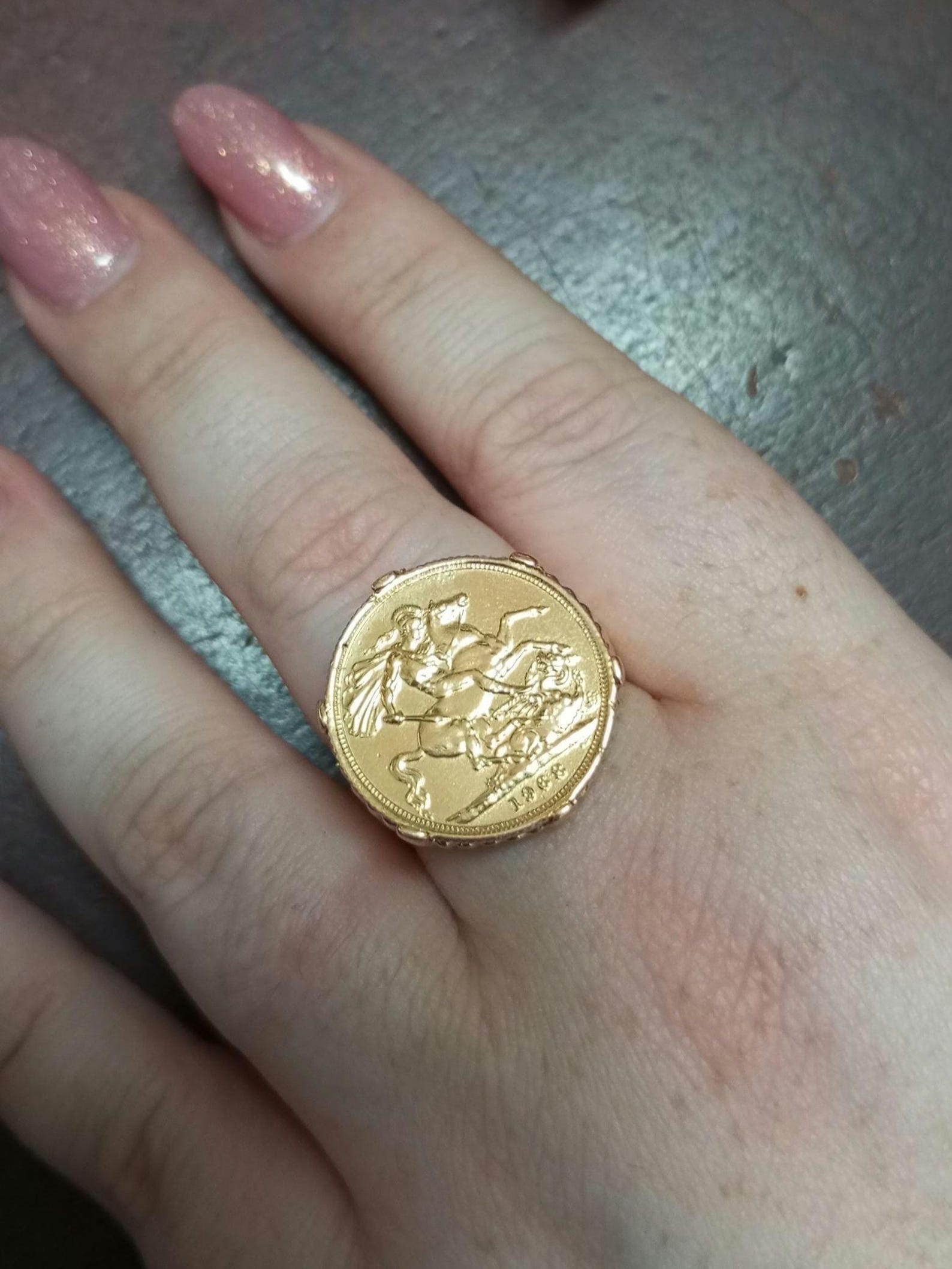 Sovereign Solid Gold Ring Handmade Portuguese 19.2K Yellow Gold Saint ...