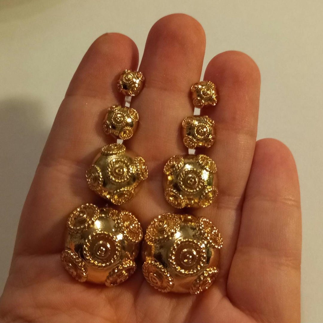 24K Gold Filled Filigree Earrings Half Bead of Viana Portuguese Stud ...