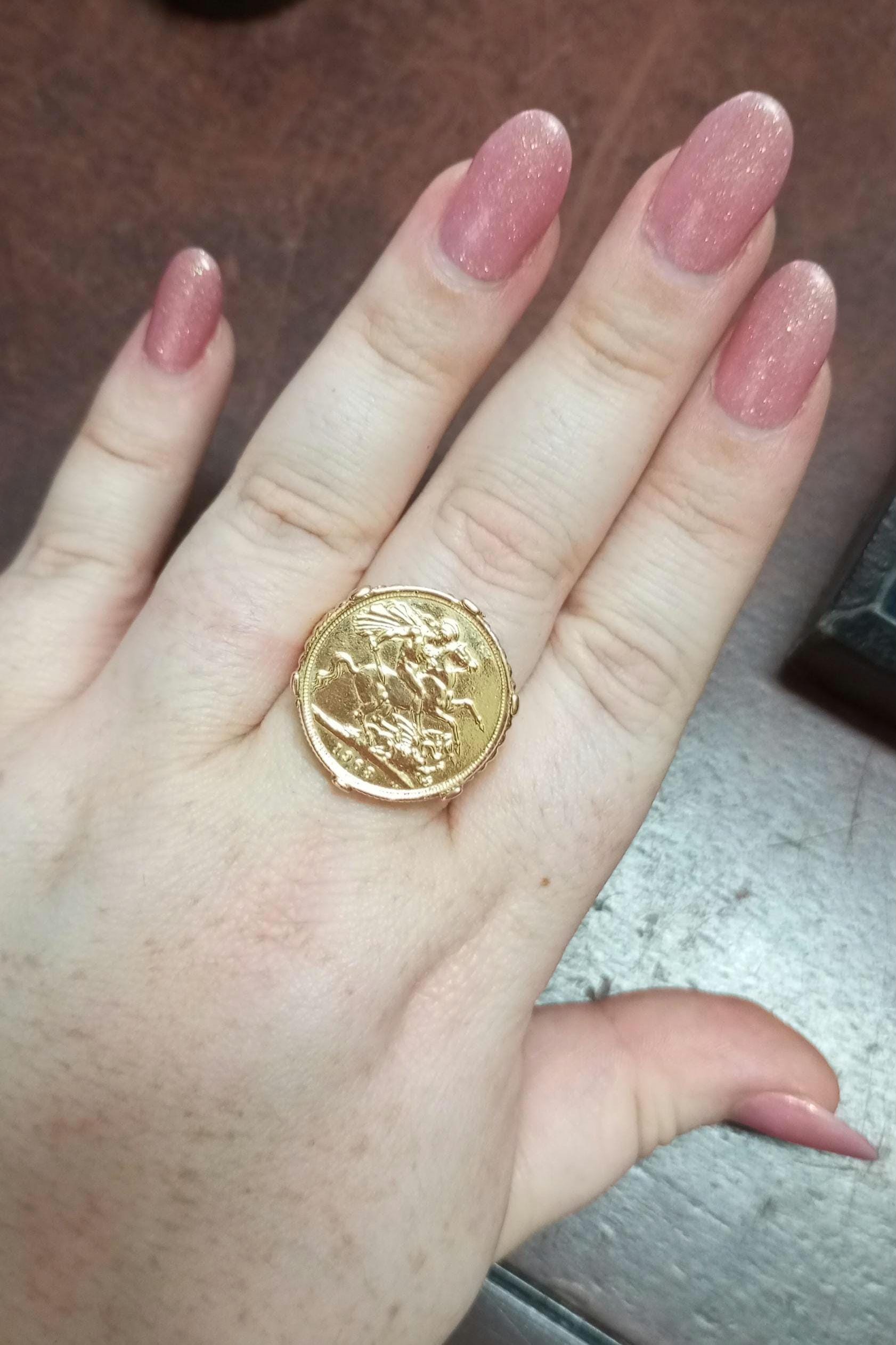 Sovereign Solid Gold Ring Handmade Portuguese 19.2K Yellow Gold Saint ...