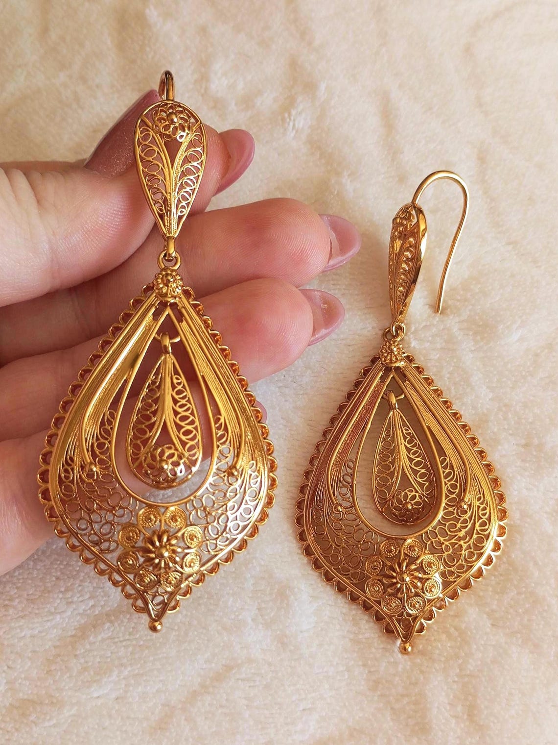 24KT Goldfilled Portuguese Teardrop Earring Filigree Jewelry Handmade ...
