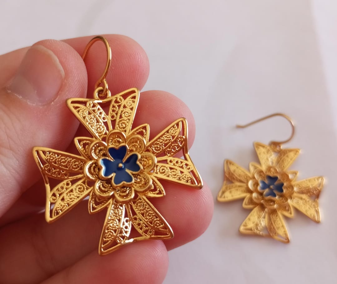 Goldfilled Malta Cross Stainless Steel Earring Filigree Style Religious ...