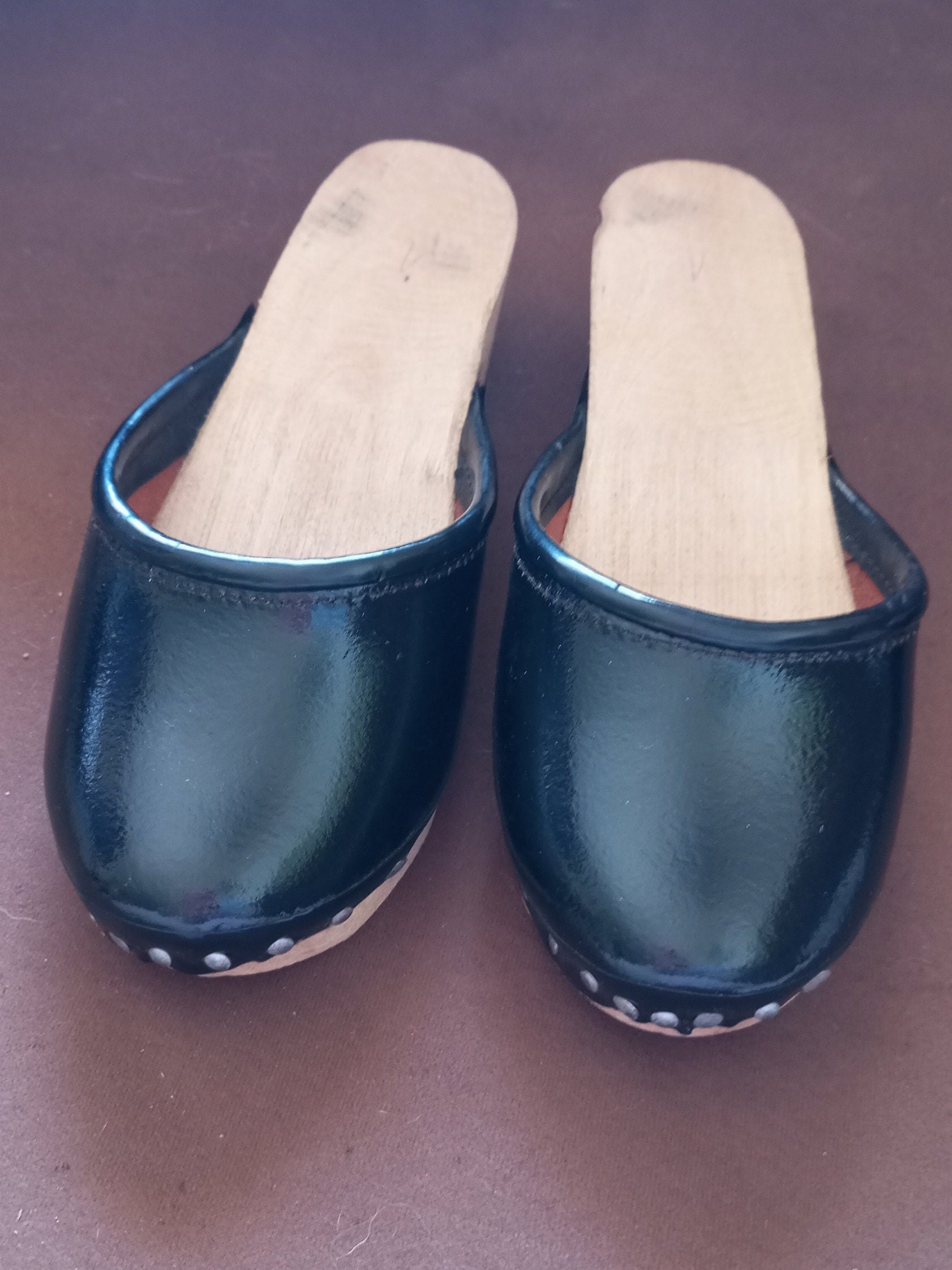 Portuguese Folclore Clogs Wood Patent Black Leather Tradicional Minho ...