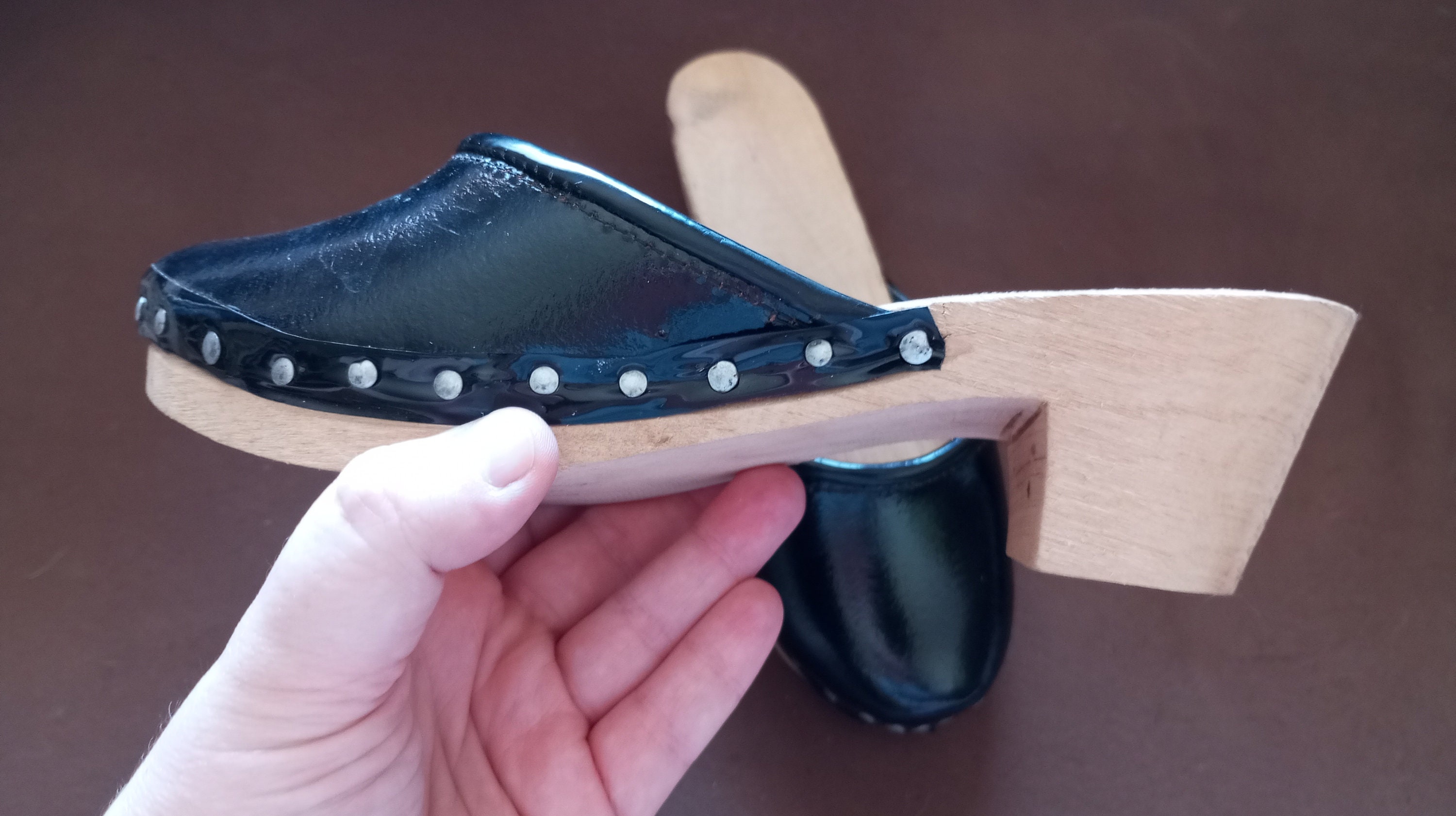 Portuguese Folclore Clogs Wood Patent Black Leather Tradicional Minho ...