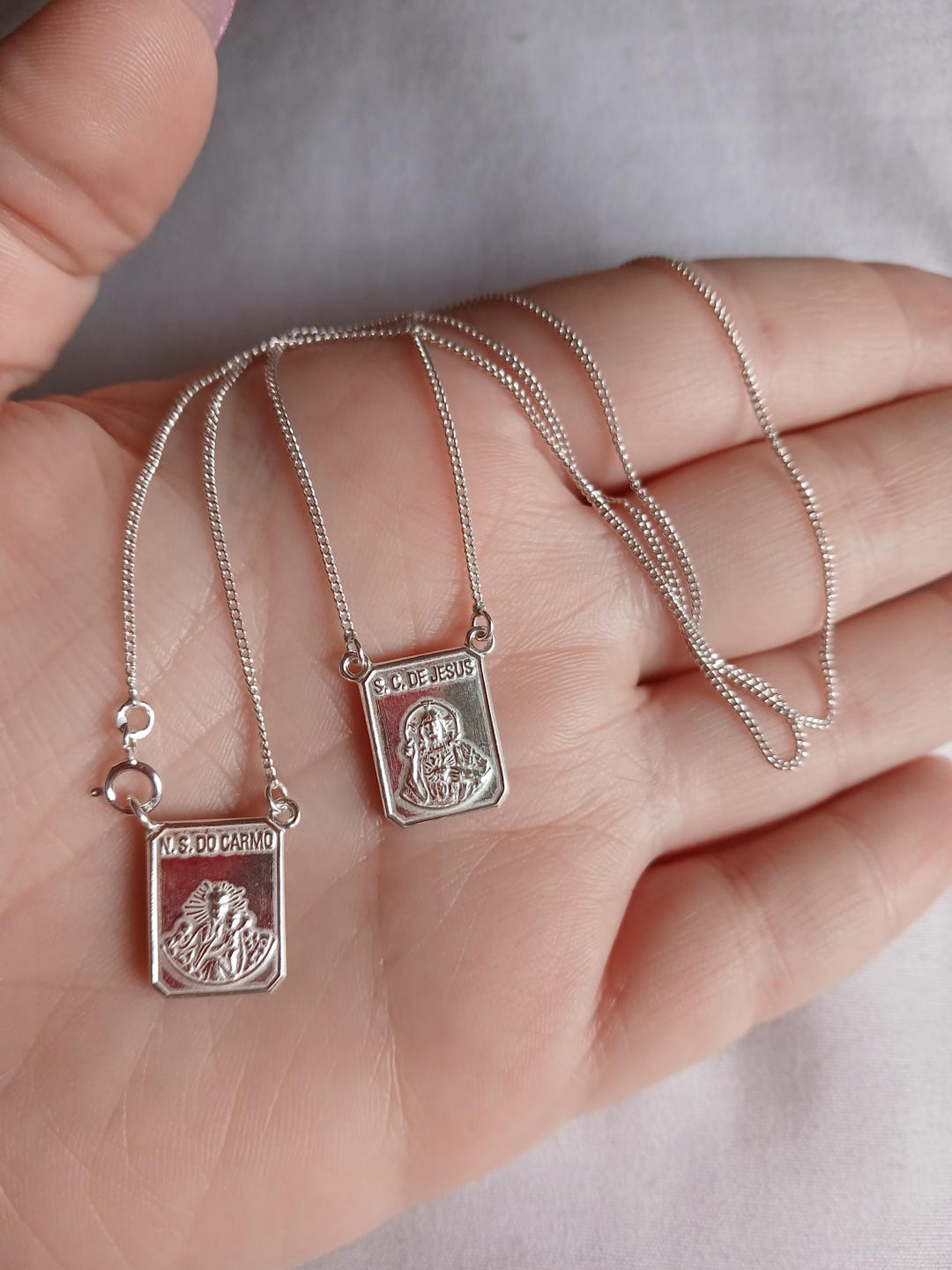 Silver Scapular Necklace Rectangular Medals Holy Mary and Jesus Christ ...