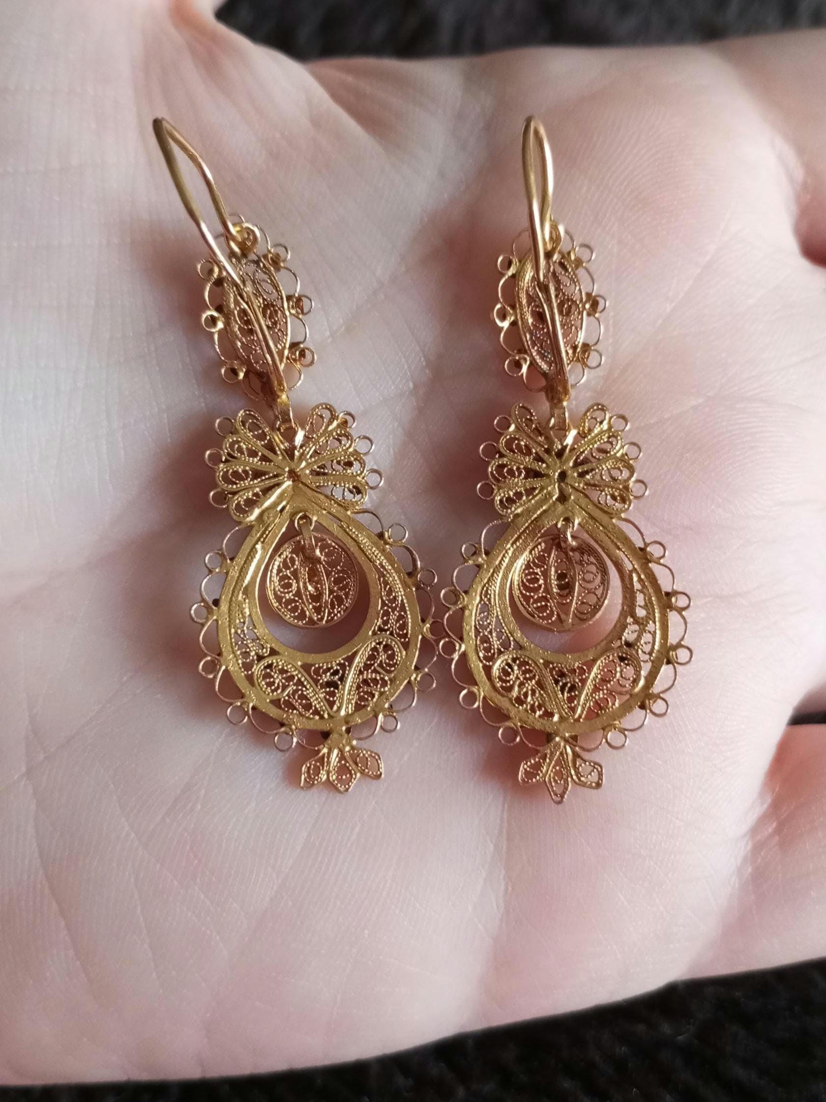 Portuguese Princess Solid Gold Filigree Earrings Traditional Gold ...