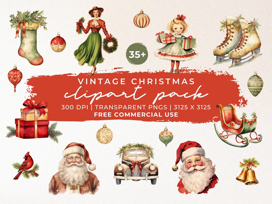 Vintage Christmas Clipart Pack | Watercolor Christmas Clipart Bundle ...