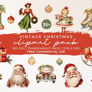 Vintage Christmas Clipart Pack | Watercolor Christmas Clipart Bundle ...