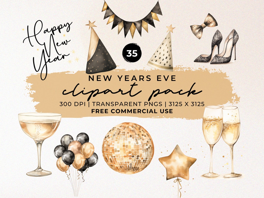 Watercolor New Years Eve Clipart Bundle: Gold & Black Party PNG ...