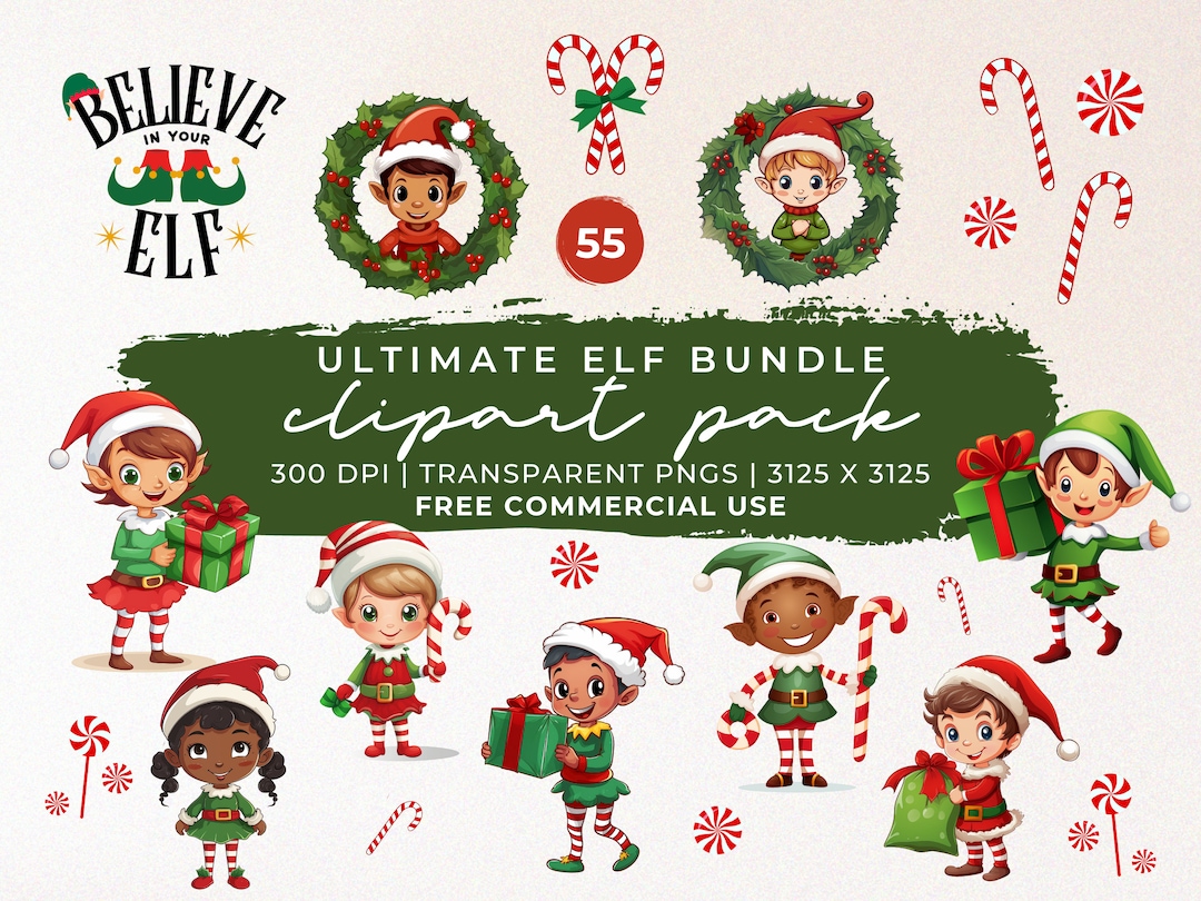 Cute Christmas Elf Clipart Bundle | Commercial Use Christmas Clipart ...