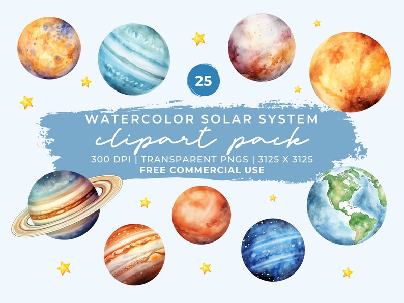 Watercolor Solar System Clipart Pack Commercial Use Planets Clipart ...