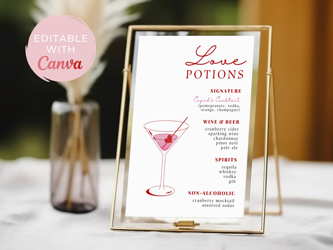 Love Potions Menu Template: Valentine's Day Bar Sign, Editable in Canva ...