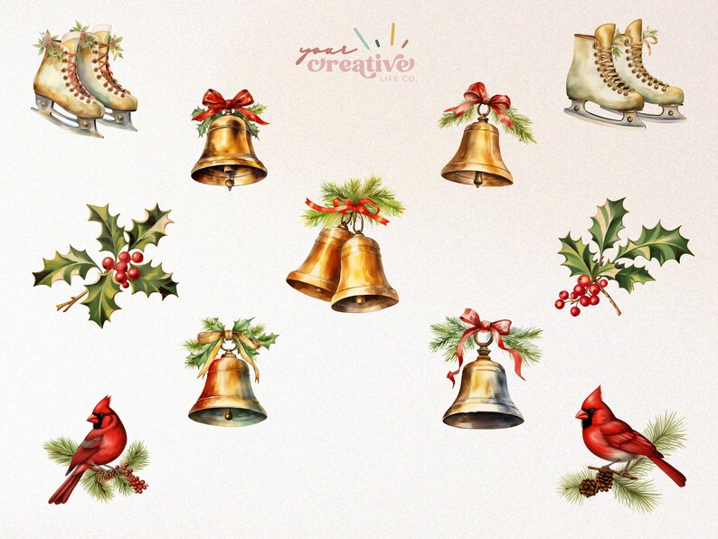 Vintage Christmas Clipart Pack Watercolor Christmas Clipart Bundle ...