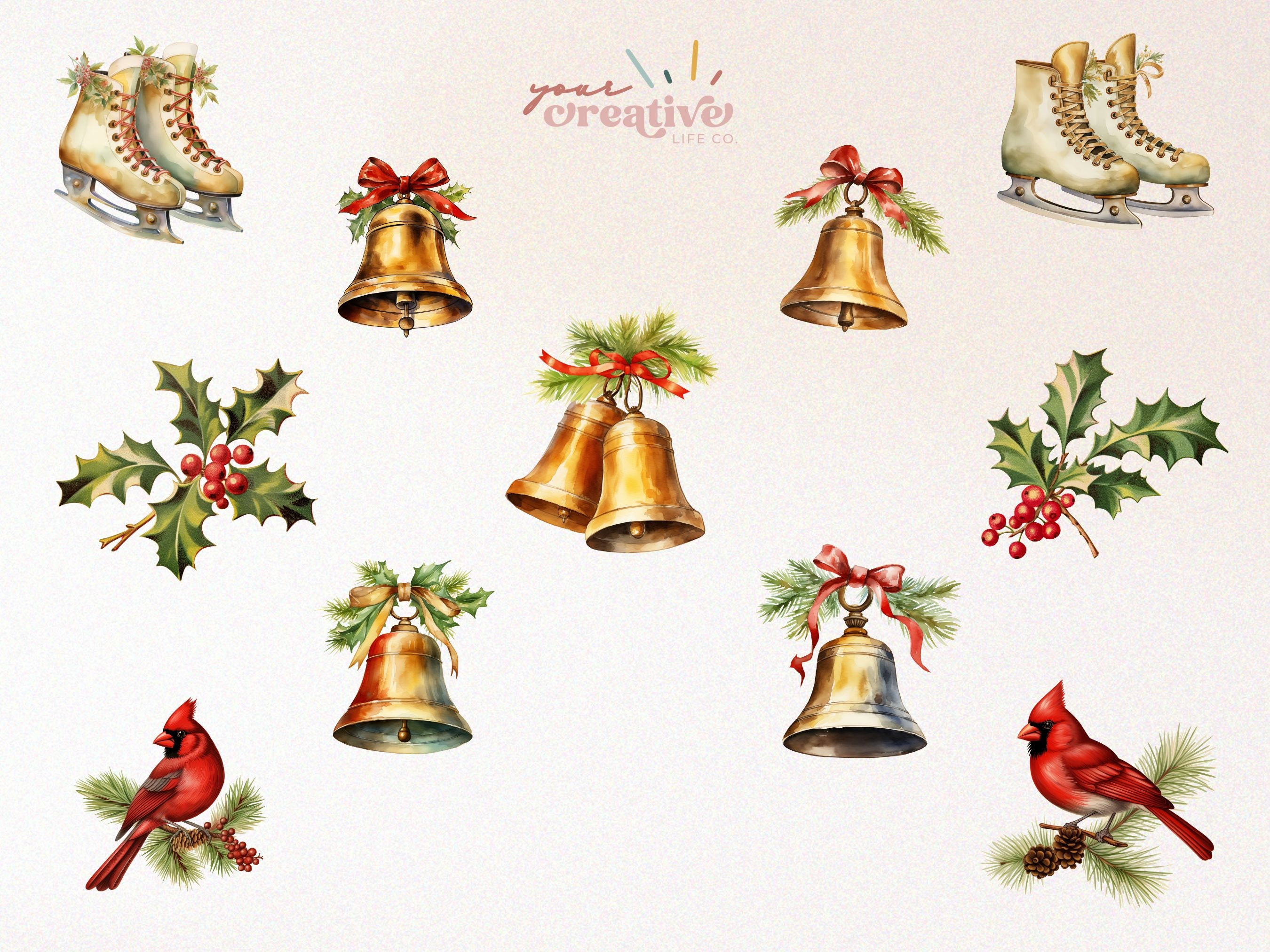 Vintage Christmas Clipart Pack Watercolor Christmas Clipart Bundle ...