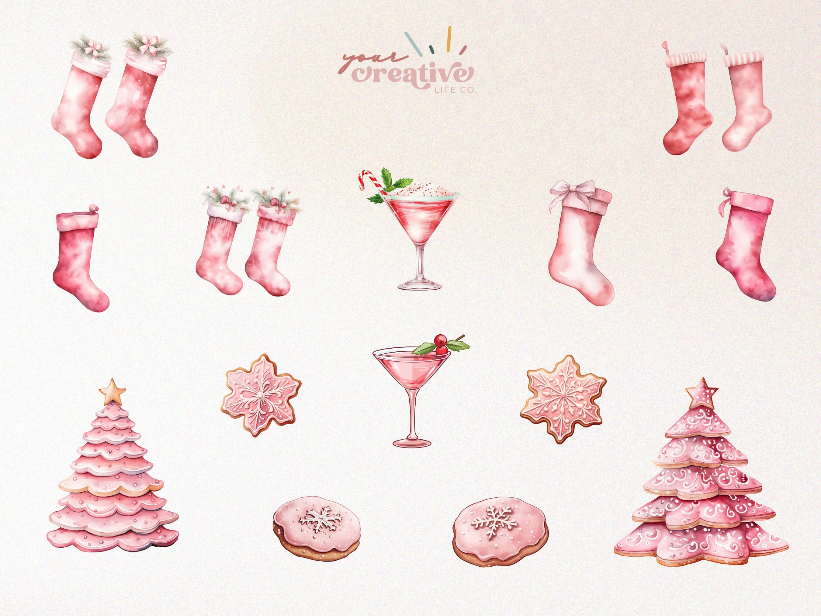 Pink Christmas Clipart Pack Watercolor Christmas Clipart Pink Christmas ...
