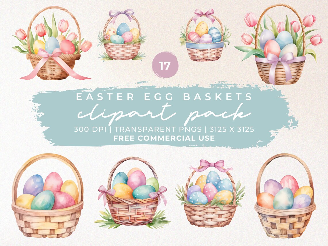 Watercolor Easter Egg Basket Clipart Pack Commercial Use Easter Clipart ...