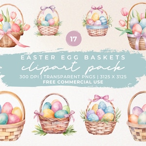 Watercolor Easter Egg Basket Clipart: Spring PNG Bundle (commercial Use ...