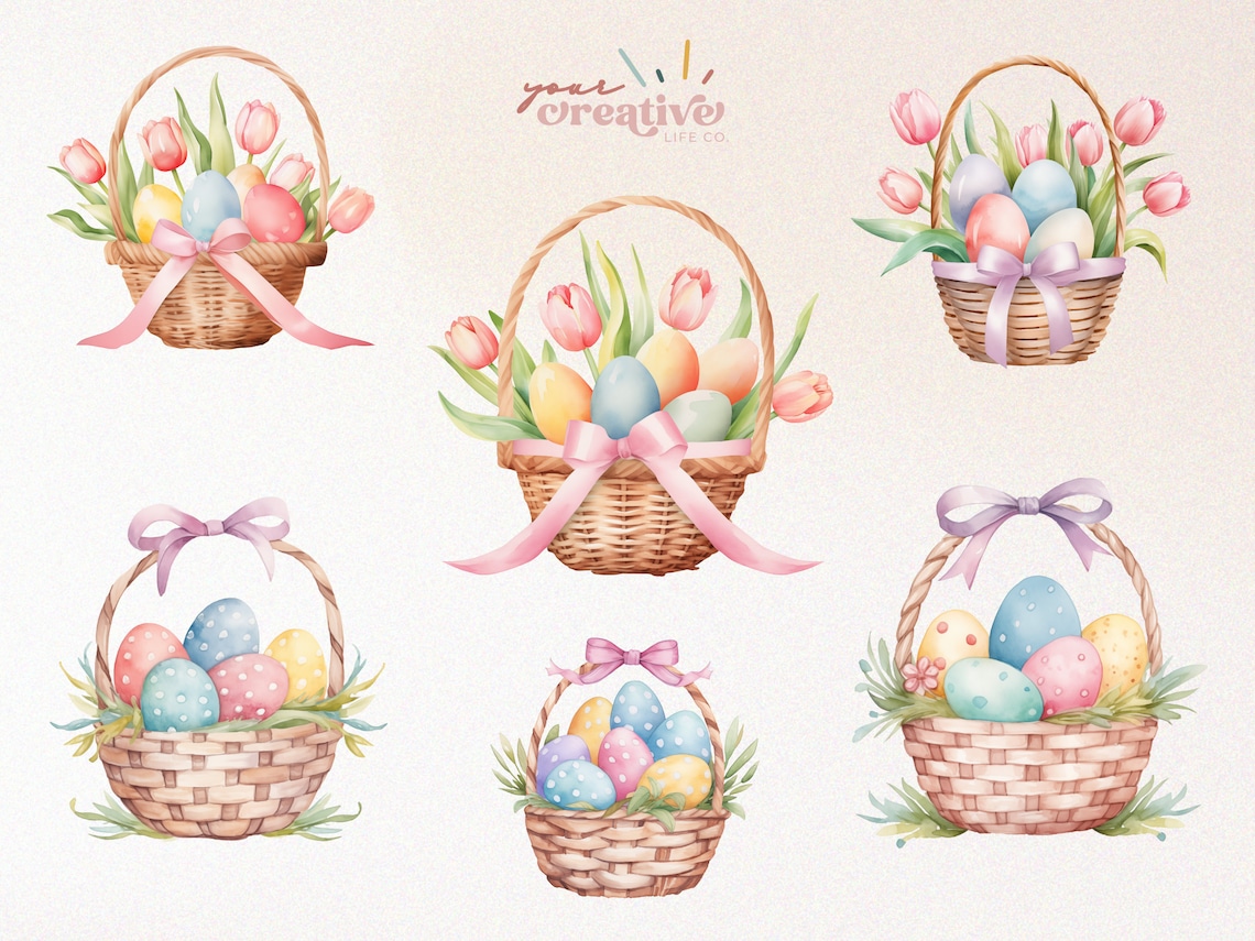Watercolor Easter Egg Basket Clipart Pack Commercial Use Easter Clipart ...