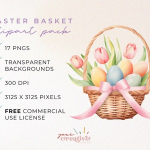 Watercolor Easter Egg Basket Clipart Pack | Commercial Use Easter ...