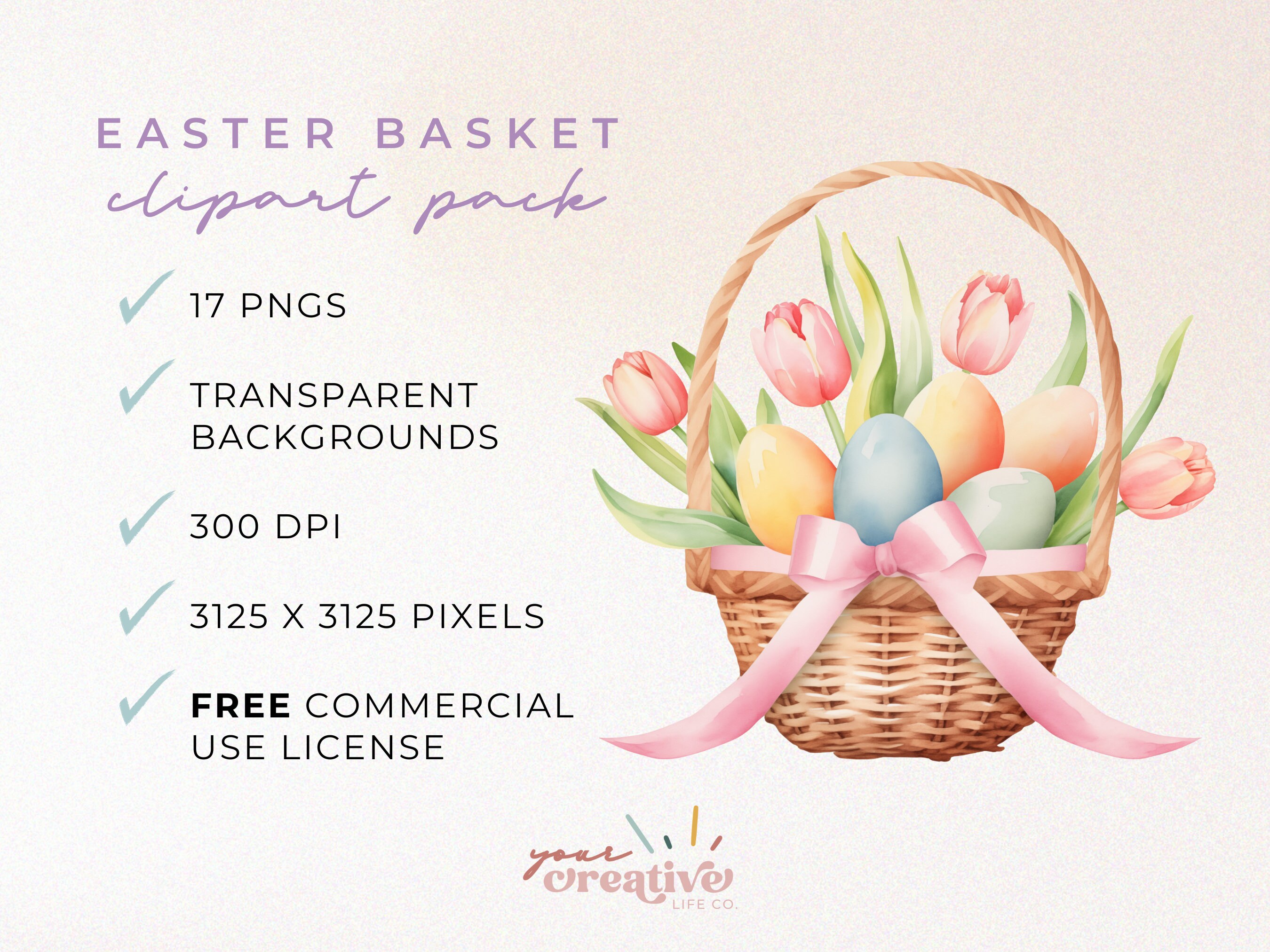 Watercolor Easter Egg Basket Clipart: Spring PNG Bundle (commercial Use ...