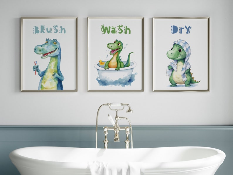 Dinosaur Bathroom Art Prints: Watercolor Dino Decor Set (digital ...
