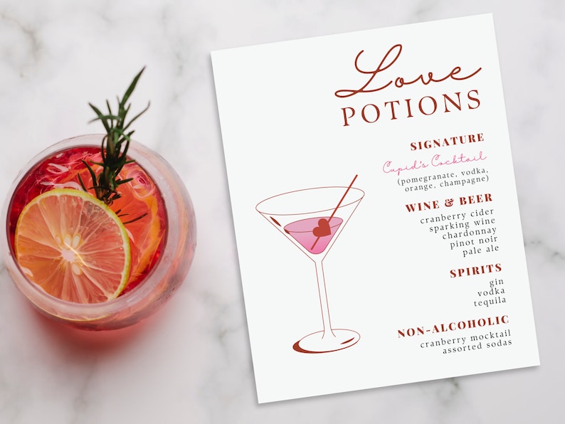 Love Potions Menu Valentine's Day Bar Menu Template Wedding Drinks Sign ...