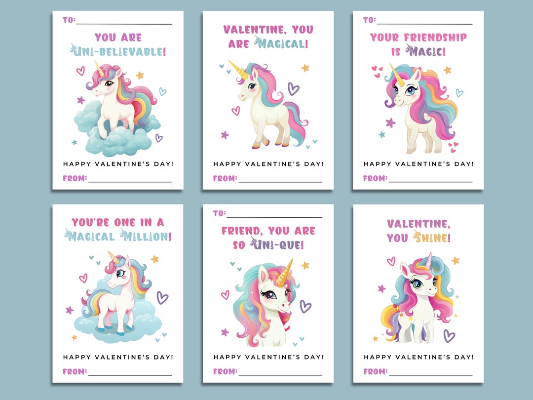 Rainbow Unicorn Valentine's Day Cards: Printable Kids Classroom ...