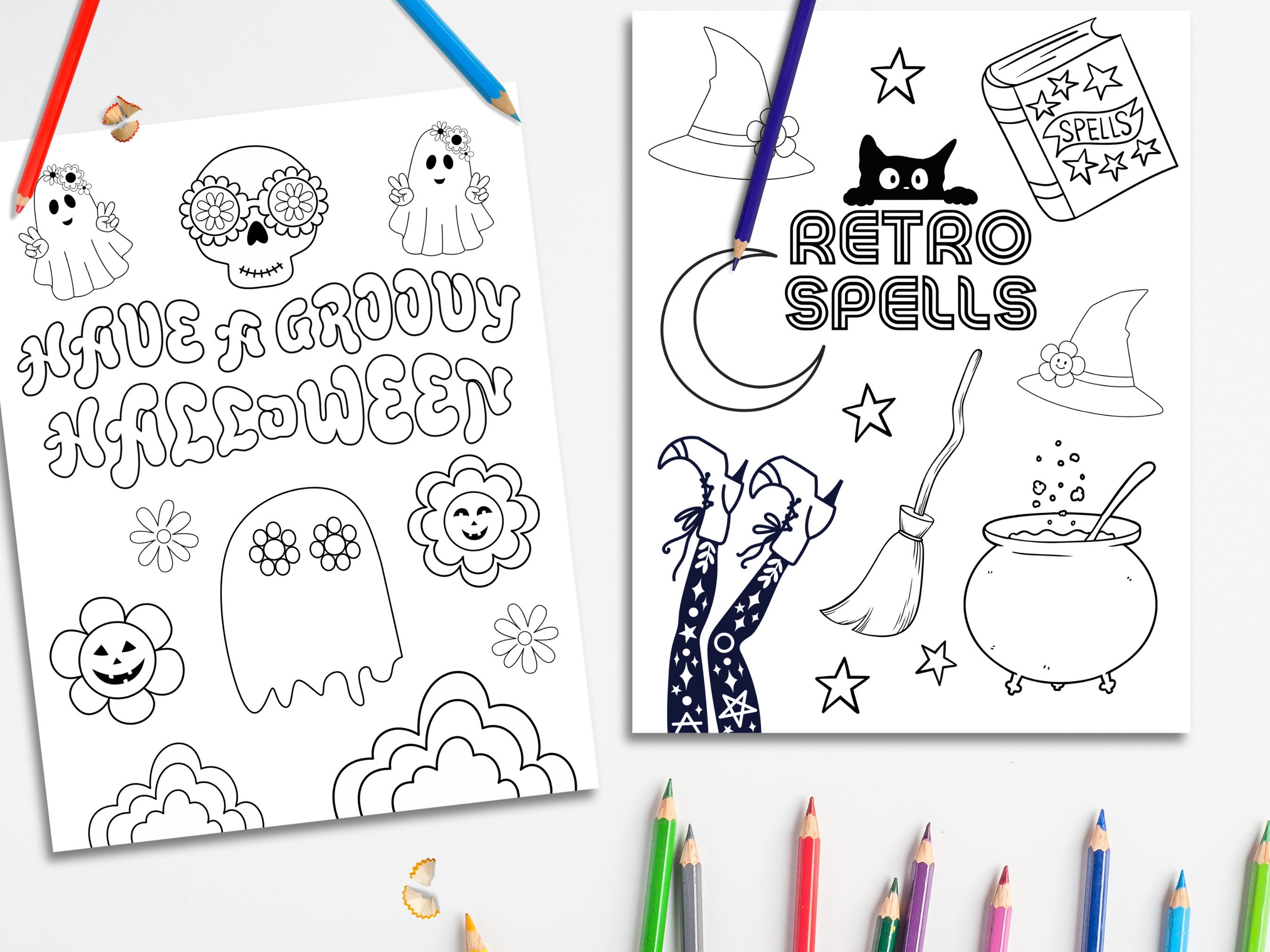 Retro Halloween Coloring Pages Printable Halloween Coloring - Etsy