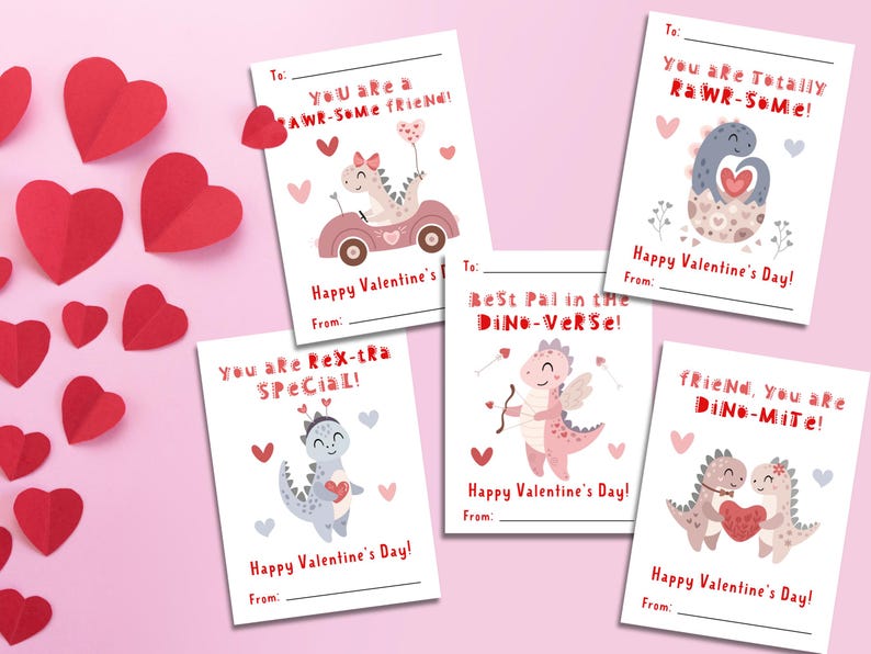 Dinosaur Valentine's Day Cards: Printable Kids Classroom Valentines ...