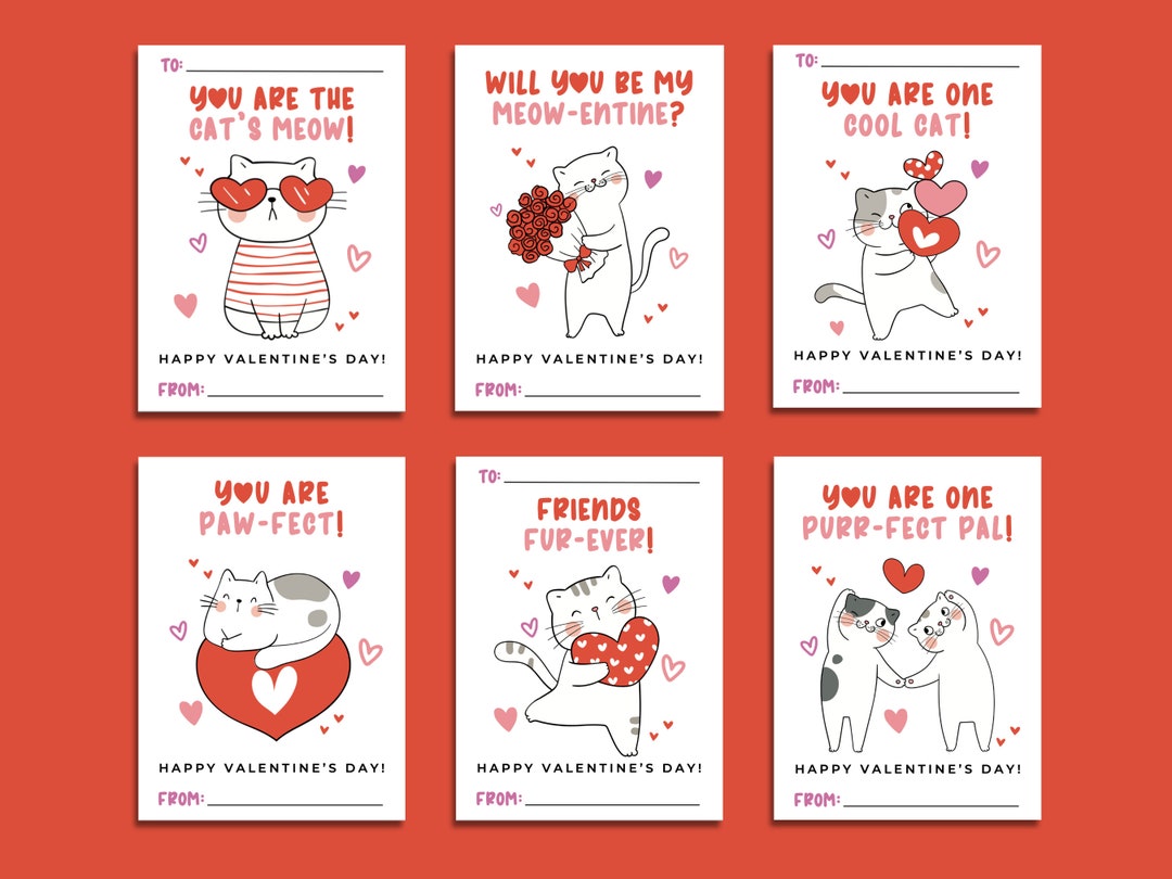 Cat Valentine's Day Cards Printable Valentine's Day Cards for Kids ...