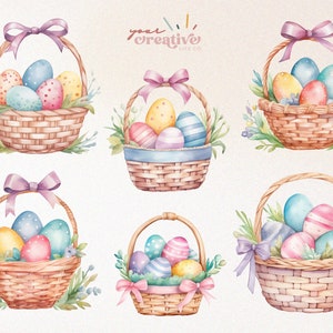 Watercolor Easter Egg Basket Clipart Pack | Commercial Use Easter ...