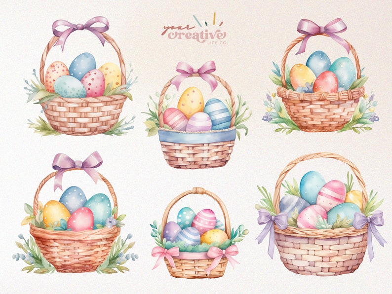 Watercolor Easter Egg Basket Clipart: Spring PNG Bundle (commercial Use ...